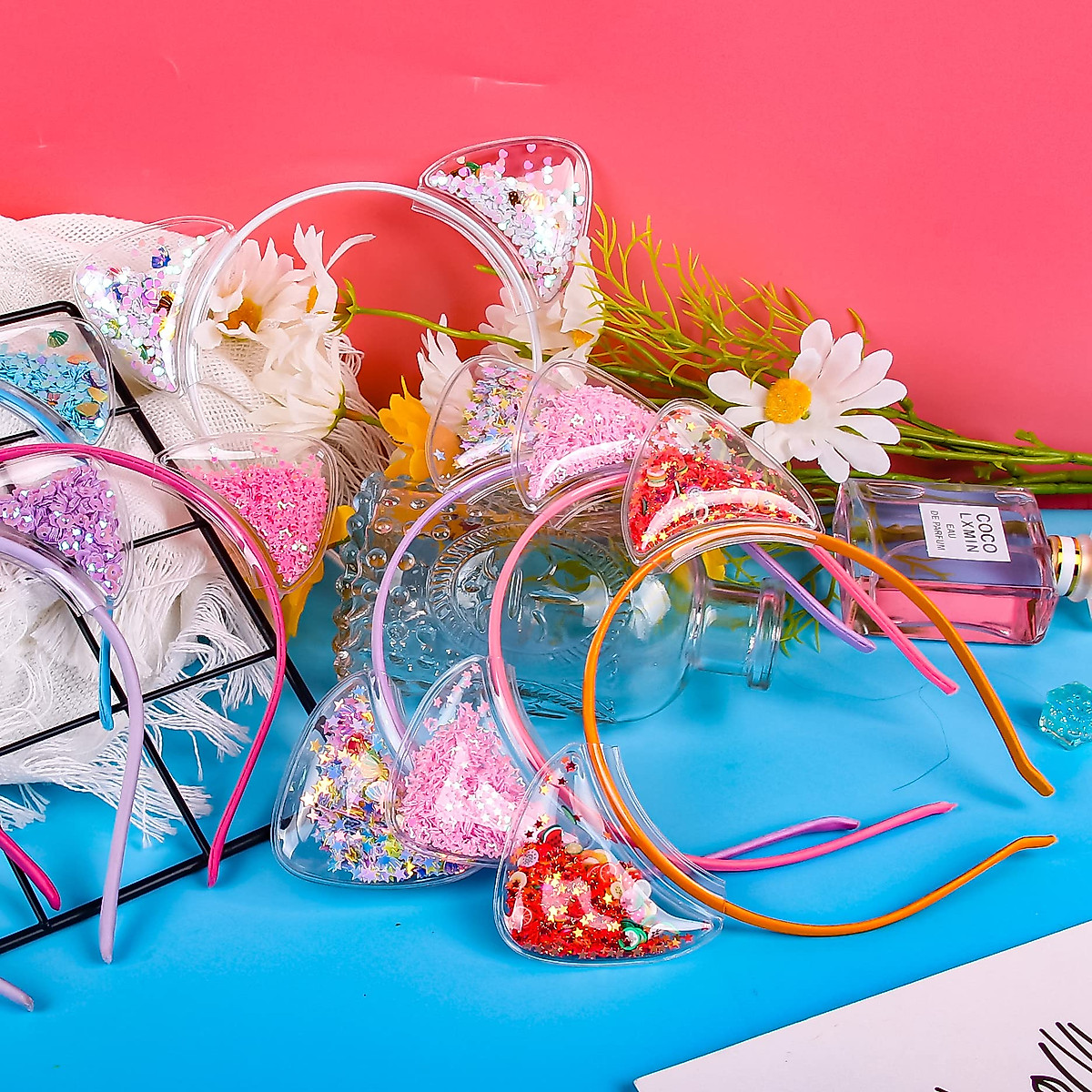 Fishdown Cute Cat Ears Headbands Set for Girls Plastic Headbands for Non-slip Transparent Cat Ears Headbands Quicksand(7pcs Per Pack Each Color 1pcs)