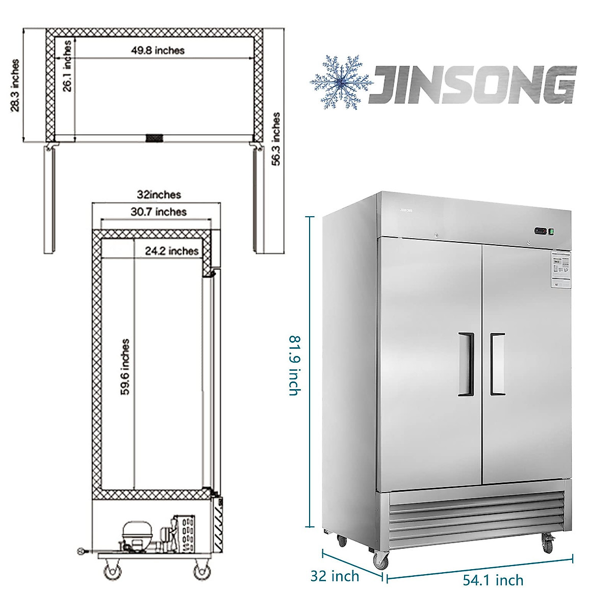 JINSONG 54" Commercial Refrigerator 2 Solid Door, 49 cu.ft 2 Section Stainless Steel Reach-in Refrigerator for Restaurant, Bar, Shop, Residential