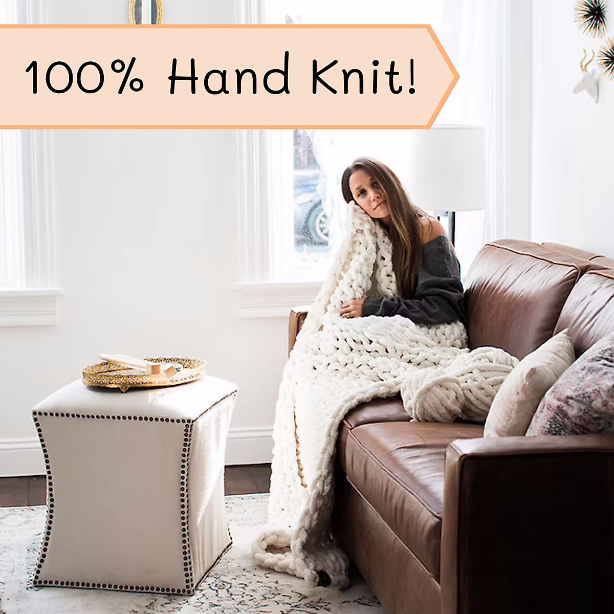 Adyrescia Chunky Knit Blanket Throw | 100% Hand Knit with Jumbo Chenille Yarn (40"x50", Cream White)