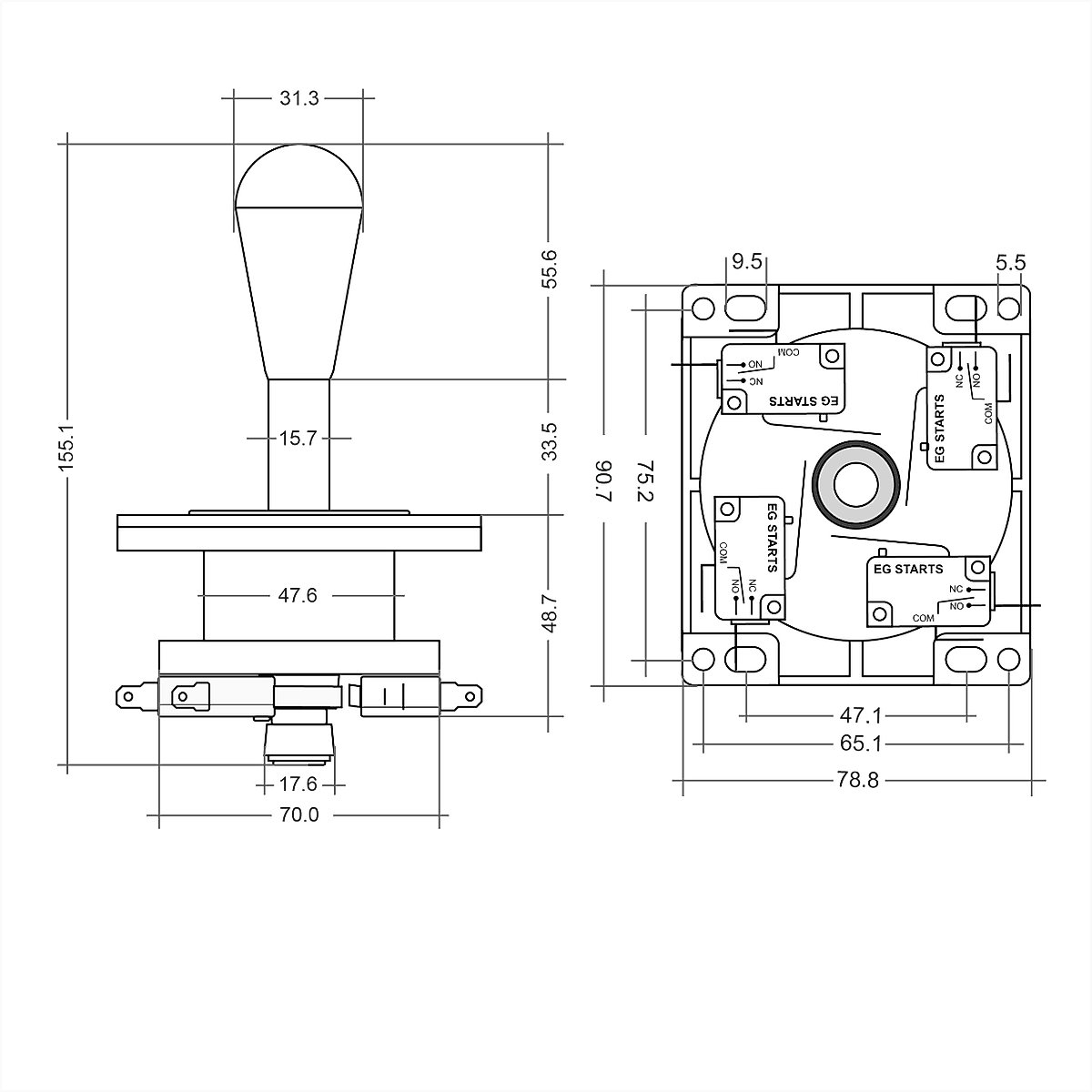EG STARTS American Style Arcade Competition 2Pin Joystick BLACK Switchable From 8 Ways Operation, Elliptical Black Handle, Precision 8-Way 187" (4.8mm) terminal
