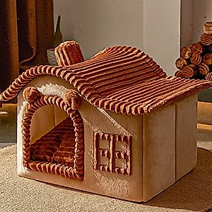 Luxury Dog House Indoor, Foldable Warm Soft Kennel Plush Cat Nest Cozy Pet Bed House with Removable Cushion (L-19.5x16x16 in, Brown)