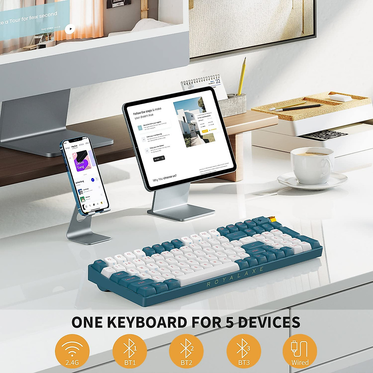 ROYALAXE X ProtoArc R100 Wireless Mechanical Keyboard, Hot-swappable Wired/Bluetooth 5.0/2.4G Wireless Keyboard w/RGB Backlit for Windows & Mac, PBT Keycaps, Multi-Device, Gateron G Yellow Pro Switch