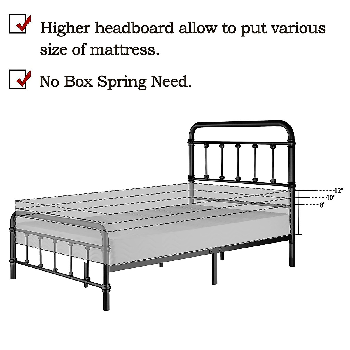 Macbimony Queen-Bed-Frame with headboard Giselle-Vintage Antique-Metal - Platform Mattress Foundation,49 inch High,No Box Spring Needed(Black)