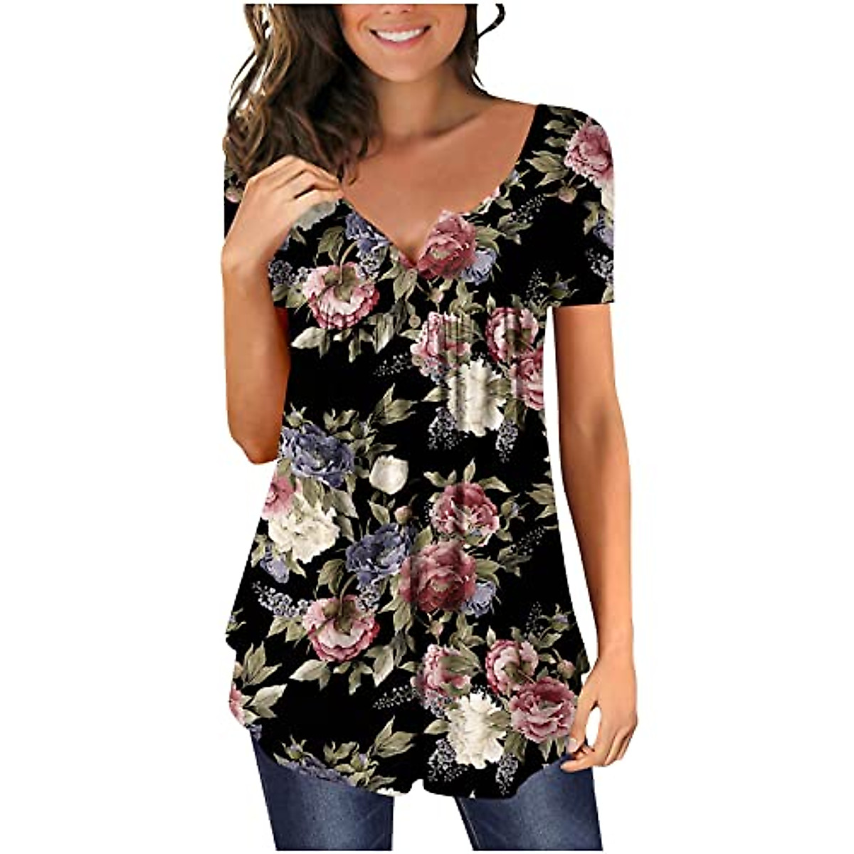 Womens Fall Tunic Tops 2022 Fashion Short Sleeve T Shirts Plain Cute Tees Casual Dressy Blouses Trendy Henley Solid Pullover, Black-06, 3X-Large