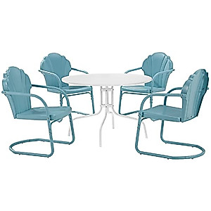 Crosley Furniture Tulip 5-Piece Outdoor Dining Set for 4, Retro Metal Round Patio Table and Chairs for Deck, Pastel Blue Satin