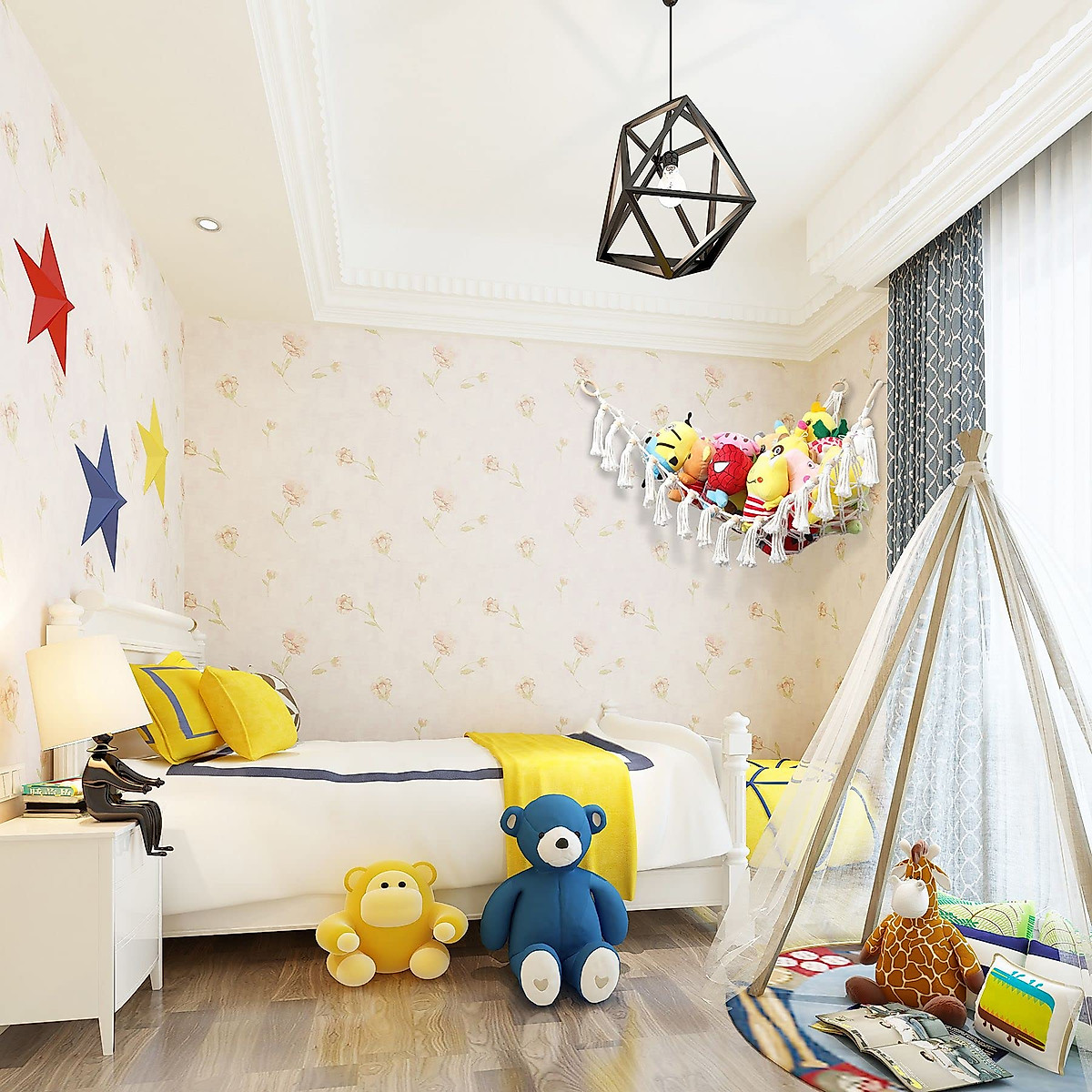 EndSource Stuffed Animal Net or Hammock, Upgraded Large Handmade Durable Macrame Toy Hanging Storage for Girls Boy, Net Holder Organizer in Nursery Playroom Bedroom Kid Room Corner, White (ED0029SS)