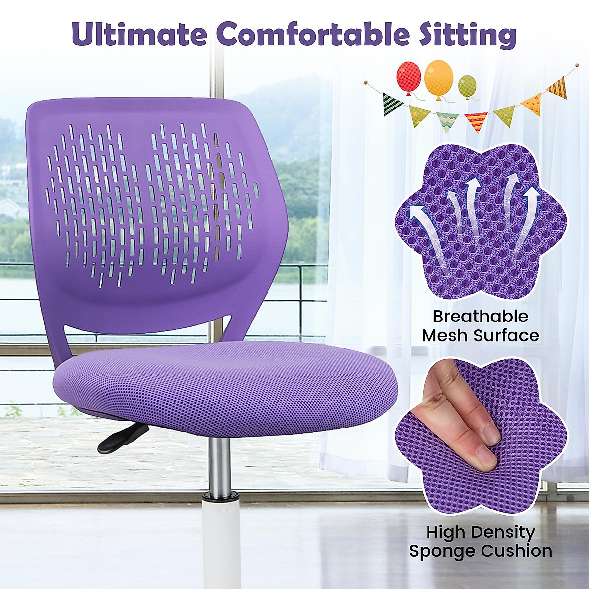 DORTALA Desk Chair for Teen, Kids Armless Swivel Small Cute Low-Back Mesh Office Chair Comfy with Adjustable Height, Lumbar Support, Ergonomic Computer Study Chair in Home Bedroom School, Purple