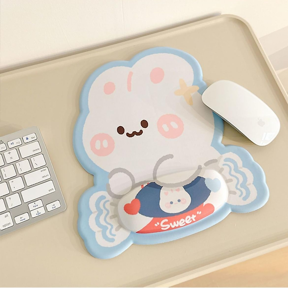 Cute Laptop Mouse Pad with Gel Wrist Support Anti-Slip Kawaii Desk Accessories Ergonomic Gaming Mouse Pad with Wrist Rest and Adorable Rabbit Pattern
