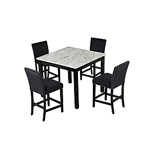 LCH 5-Piece Counter Height Set with One Faux Marble Dining Table and Four Upholstered-Seat Chairs for Kitchen and Living Room, Black