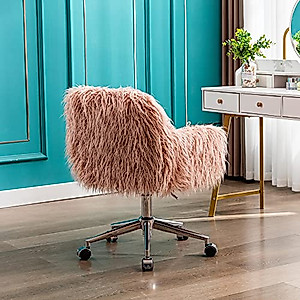 KCC Fluffy Office Desk Chair, Faux Fur Modern Swivel Armchair with Wheels, Soft Comfy Fuzzy Elegant Accent Makeup Vanity Chairs for Women Girls, Home Living Dressing Room Bedroom, Pink