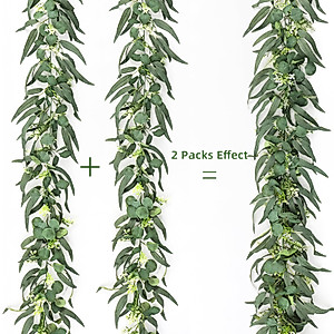 Dremisland Eucalyptus Garland with Long Willow Leaves 2 Packs 5.9Ft Silver Dollar Boston Fern Greenery Garland White Flowers Eucalyptus Vines for Wedding Party Mantle Table Runner Home Decor (4PCS)