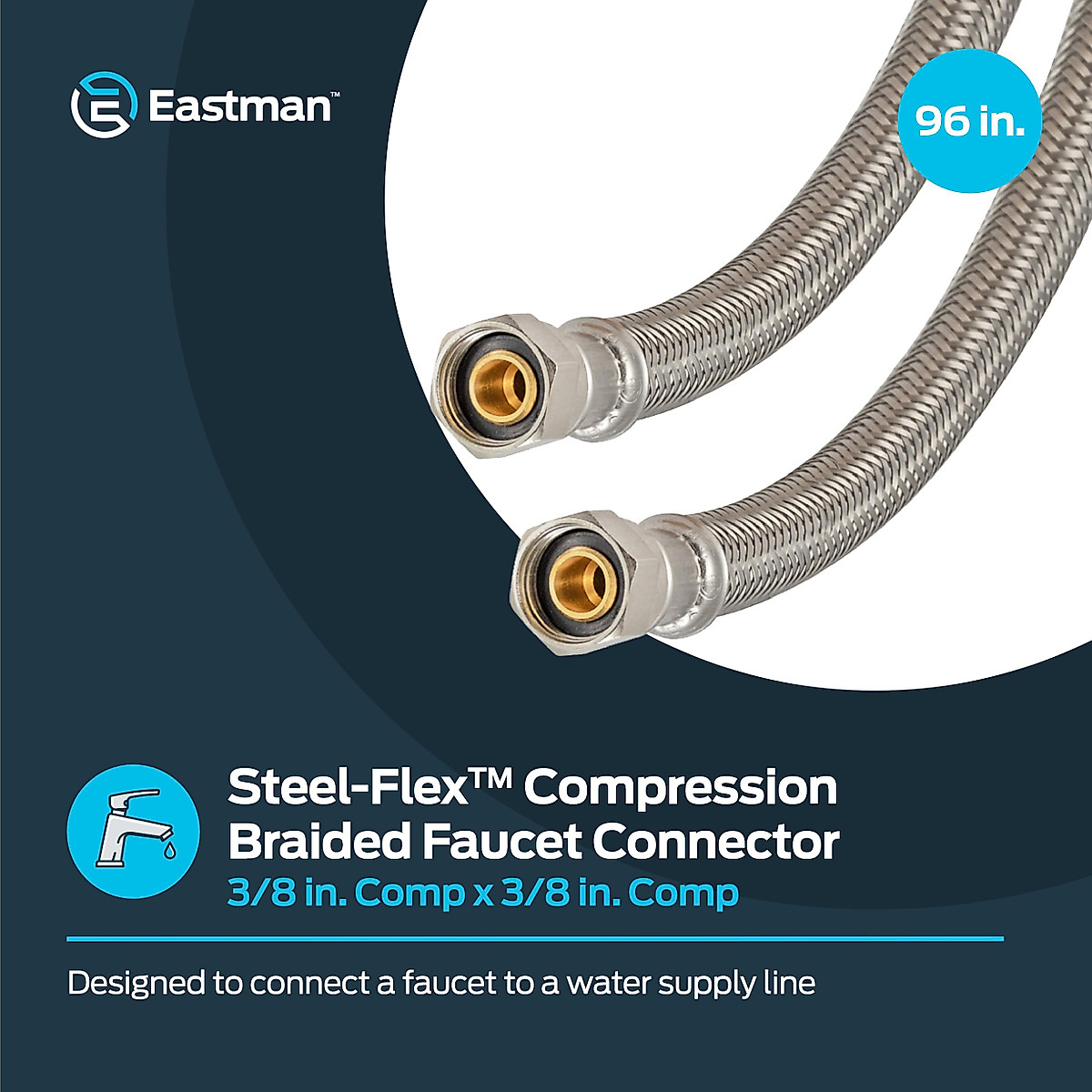 Eastman 96 Inch Steel-Flex Flexible Faucet Connector, 3/8 Inch x 3/8 Inch Compression Connection, Braided Stainless Steel Faucet Supply Line, 48082