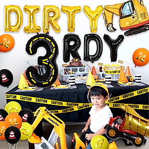 Wonmelody Construction 3rd Birthday Party Decorations Dirty 3rdy Dump Truck Balloon Banner Party Decorations Black Gold Excavator Roadblock Barricade Construction Decors for 3rd Years Old Boy