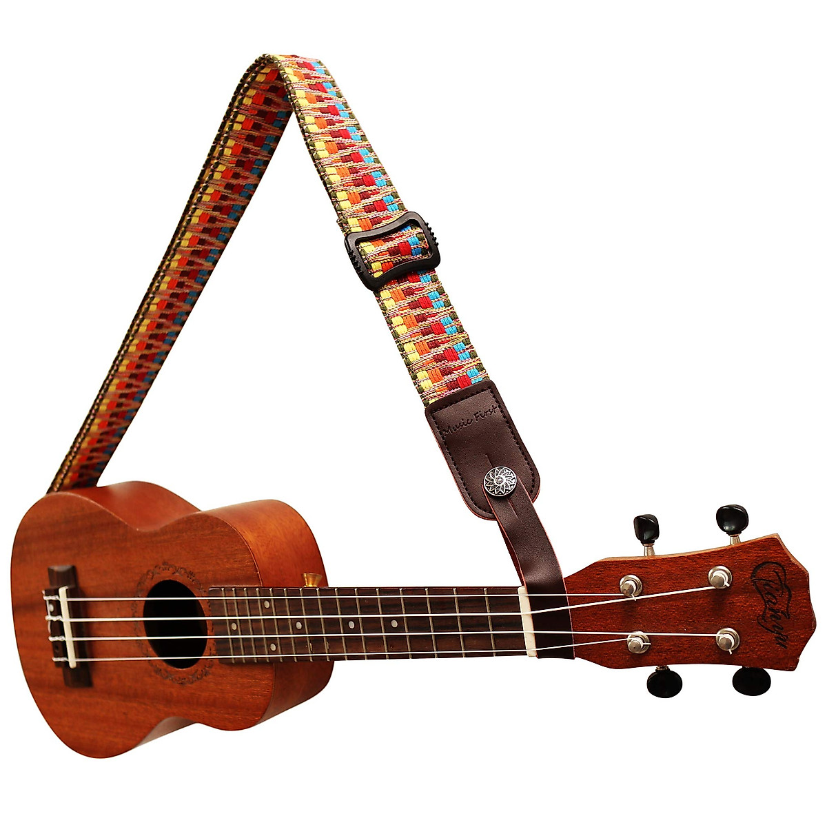 MUSIC FIRST Hawaii Woven Rainbow Adjustable Meshbelt & Genuine Leather Ukulele Strap Shoulder Strap version 2.0 With a Genuine Leather Strap Locker