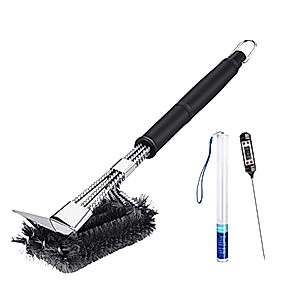 BBQ Grill Brush and Meat Thermometer-Barbecue Grill Cleaning Brush Without Bristle- 17inch Portable Stainless Steel Grill Cleaner Brush for Hard-to-Reach Surfaces -with Meat Thermometer