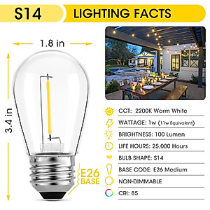 Meconard Outdoor Patio String Light Bulbs, Shatterproof Waterproof S14 LED Replacement Bulbs for Outdoor String Lights, 1W LED Bulbs Equal to 11W Incandescent, 2200K Warm White, E26 Base, Non-Dimmable