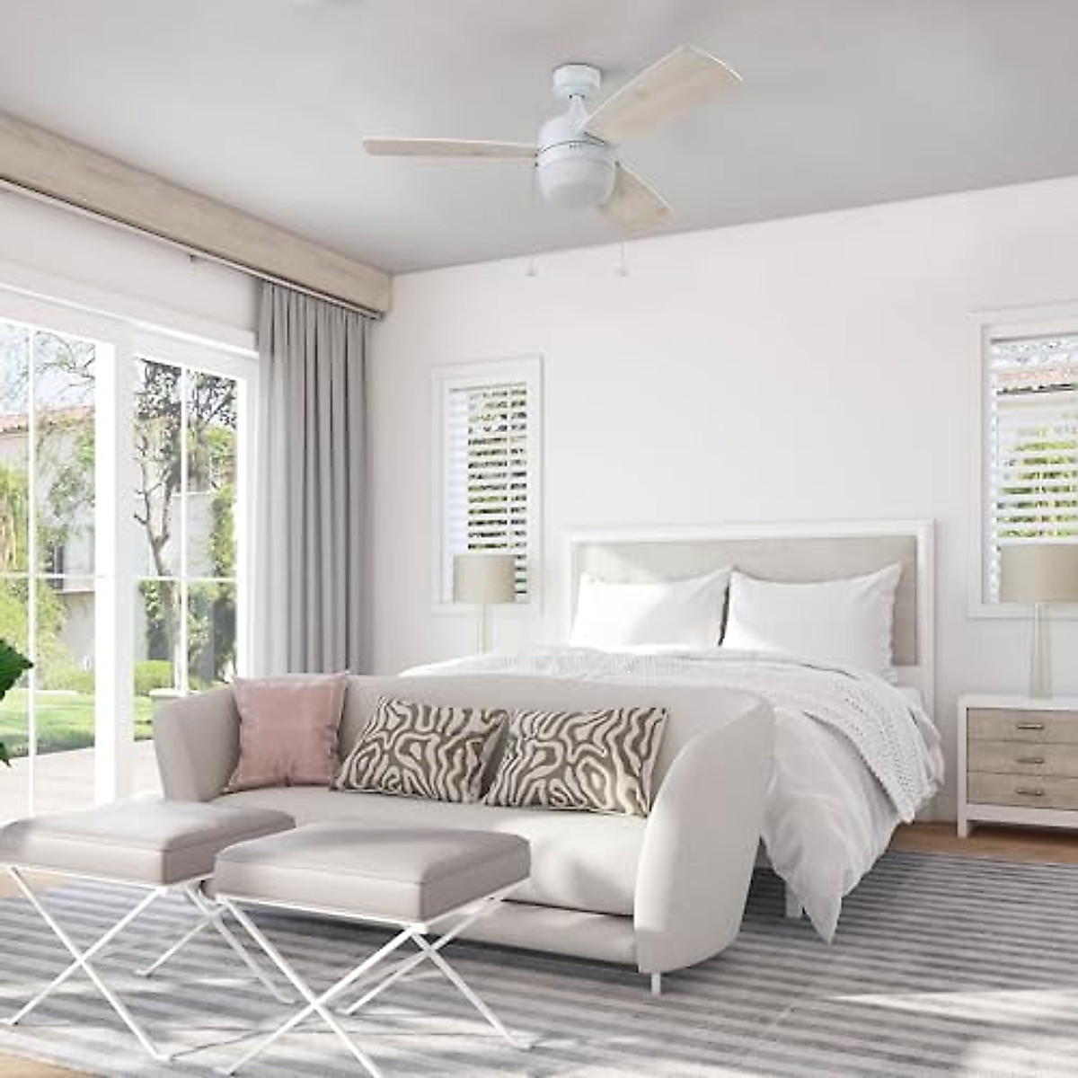 Honeywell Ceiling Fans Barcadero Modern 44 Inch Ceiling Fan with Light, Pull Chain LED Indoor Fan with 3 Blades, White Maple and White Blade Finish Options, Bright White (51475-01)