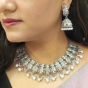 Efulgenz Choker Necklace Earrings and Maangtikka Set Indian Oxidized Jewelry Antique Boho Faux Kundan Pearl Crystal Stone Necklace Manngtikka with Dangle Round Earrings Bohemian Jewelry Set for Women