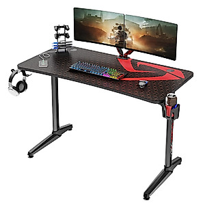 It's_Organized 47 inch Gaming Desk Racing Style Computer Desk with Free Mouse pad, T-Shaped Professional Gamer Game Station with USB Gaming Handle Rack, Cup Holder & Headphone Hook,Black