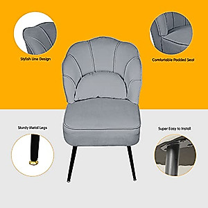 Velvet Accent Chair, Velvet Chairs Shell Sofa Chair With Footstool Ottoman, Modern Leisure Chair With Black Metal Legs & Golden Leg Base, Upholstered Chair for Living Room/Bedroom/Office, Dark Grey