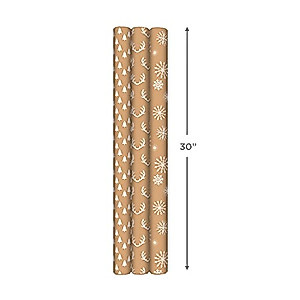 Hallmark Recyclable Kraft Wrapping Paper with Cut Lines (3 Rolls: 90 Sq. Ft. Ttl.) Minimalist Christmas, White Trees, Deer Antlers, Snowflakes on Brown Kraft for Holidays, Weddings, Winter Solstice