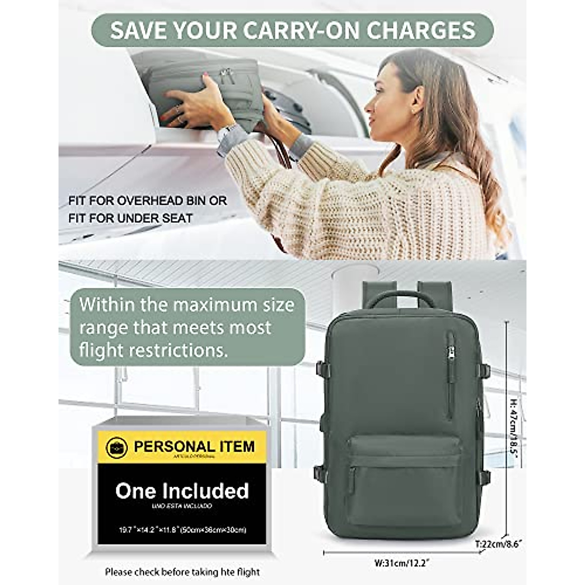 Large Travel Carry on Laptop Backpack for Women Men, Expandable Flight Approved Backpack, Waterproof Sports College bag Casual Daypack for Weekender Business Hiking with Shoe Compartment DarkGreen