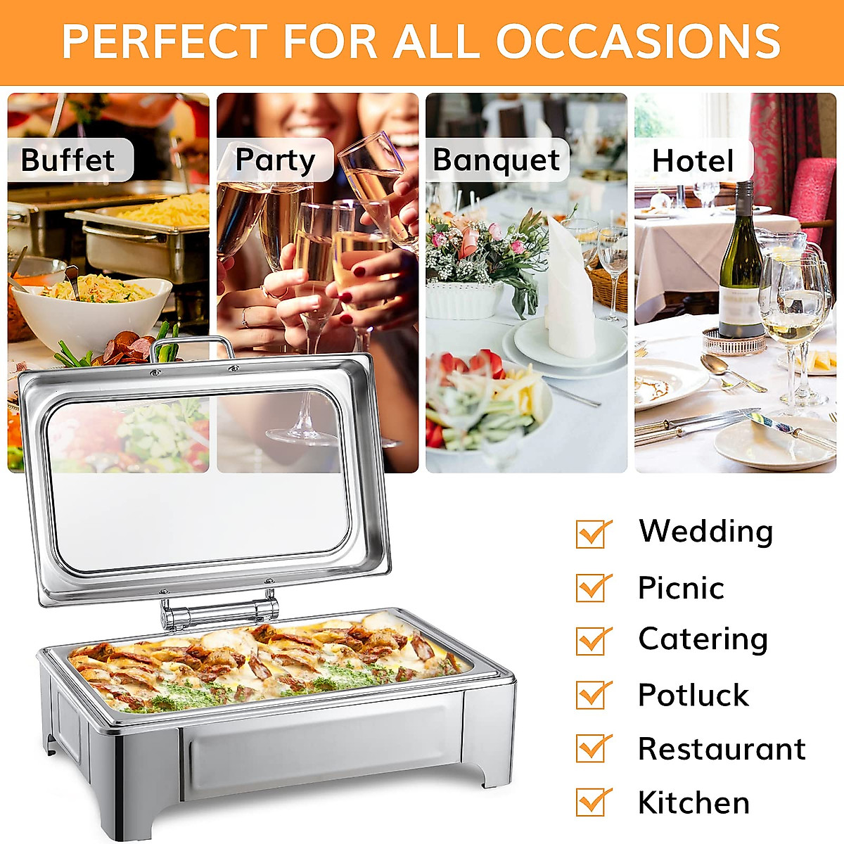 BOOMY LINS Electric Chafing Dish 9QT 2-in-1 Roll Top Rectangle Full Size Auto ShutOff Stainless Steel Buffet Servers and Warmers, 9 Heating level Food Warmer Transparent Glass Lid Chafers for Catering