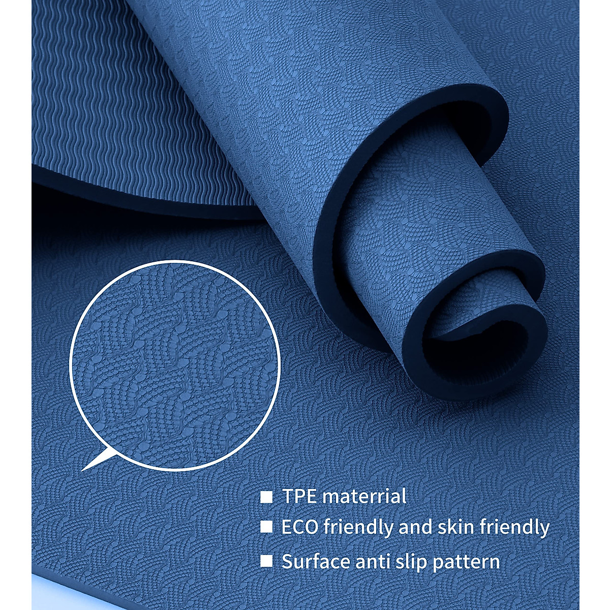 nuveti TPE Large Yoga Mat Non-Slip Exercise Fitness Mat with Carry Bag Eco Friendly Yoga Mats for Women 72"x24" Extra Thick 8mm for Home, Pilates and Floor Exercises Workout Mats DarkBlue