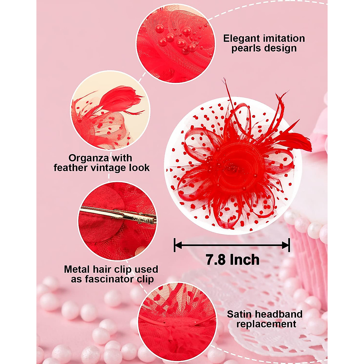 Fascinators for Women Kentucky Derby Hats,Tea Party Hat Headband Hair Clip for Wedding Cocktail Red