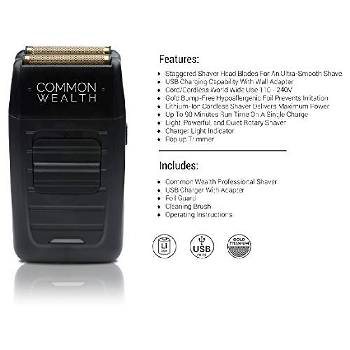 Common Wealth Professional Shaver Cordless Hypoallergenic Bump Free Gold Pro Foil Barber Finishing Shaper Trimmer Tool CWPS26 for Beard Neckline & Tapered Fades