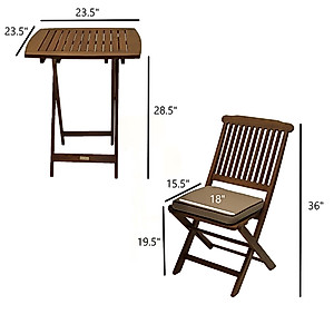 Outdoor Interiors Eucalyptus Wood 3-Piece Square Foldable Bistro Outdoor Furniture Patio Set, Table and 2 Chairs with Cushions, Beige