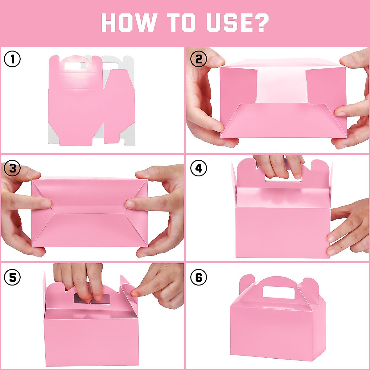 MOORAY 30 Pack Treat Boxes Candy Boxes Gable Boxes Party Favor Boxes with Handles Goodie Boxes Paper Gift Boxes for Kids Birthday Party Baby Shower Wedding Halloween Christmas(Pink)