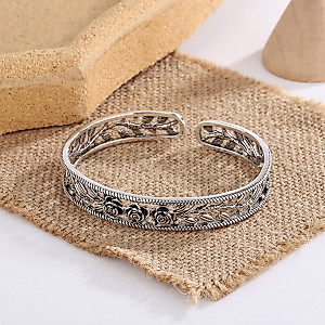 FUTIMELY Silver Leaf Bracelet Vintage Adjustable Feather Bracelet Trendy Hollow Rose Flower Leaves Cuff Bangle Wedding Bangle for Women Men (Rose Flower Bracelet)