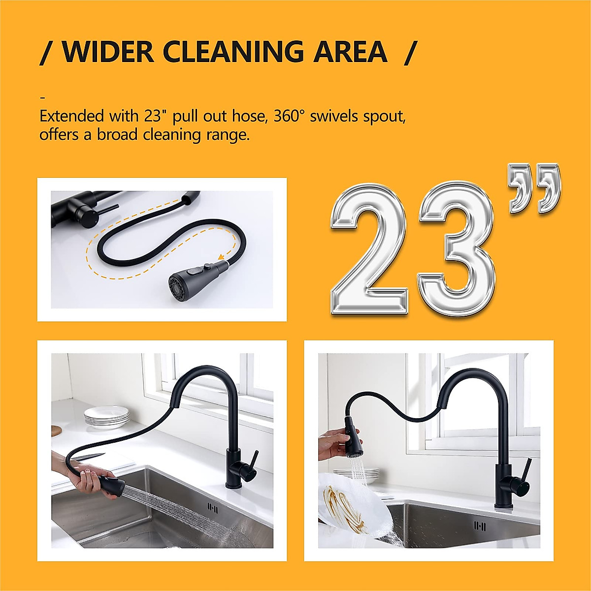 Hiqufet Black Kitchen Faucet with Pull Down Sprayer, Kitchen Sink Faucet with Pull Out Sprayer Fingerprint Resistant Single Hole Single Handle Stainless Steel Rv Kitchen Faucets Matte Black