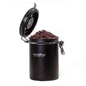 NoctiXus Stainless Steel Coffee Canister/Container for Airtight Food Storage with Date Tracker. Scoop and Release Valves Included. 22 Oz. Black