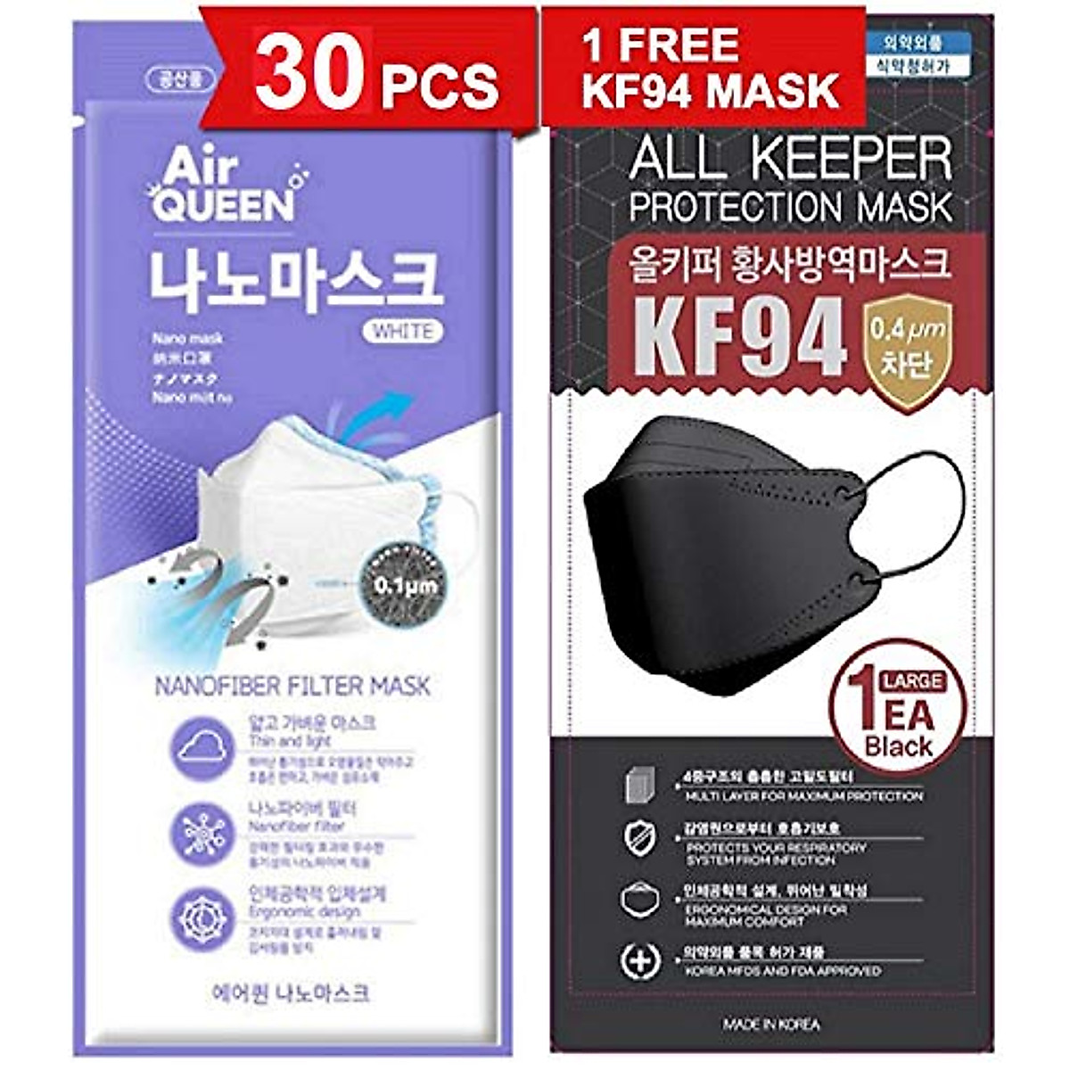 [30 Pack] [Air Queen] White 3-Layers Face Safety Mask for Adult + 1 [Black] All Keeper KF94 Mask [Individually Packaged] [Both Made in KOREA]