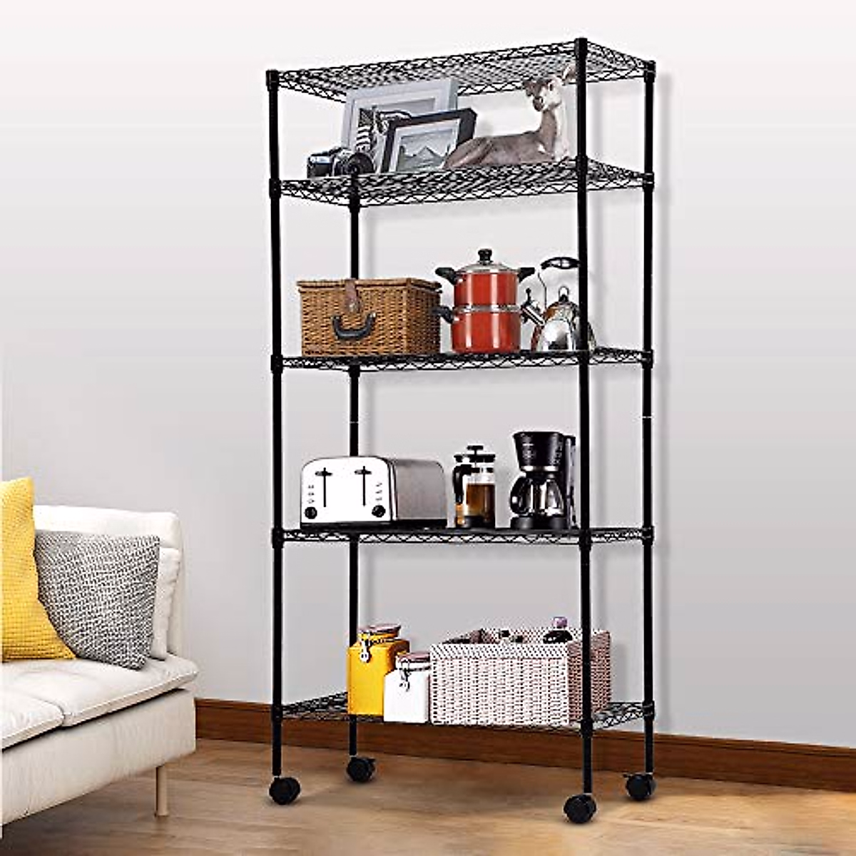 Wire Shelving Unit Storage 5 Tier Metal Shelving Unit NSF Heavy Duty Shelves Height Adjustable Garage Shelving 14" W x 30" L x 60" H with Wheels Large Steel Commercial Shelving Black