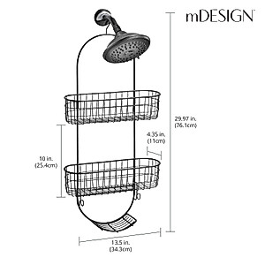 mDesign Steel Metal Curved Bathroom/Shower Caddy, Hanging Storage Organizer for Shampoo and Conditioner Bottles - 2-Tier Rack with Baskets - Holder for Soap, Body Wash, Concerto Collection, Black