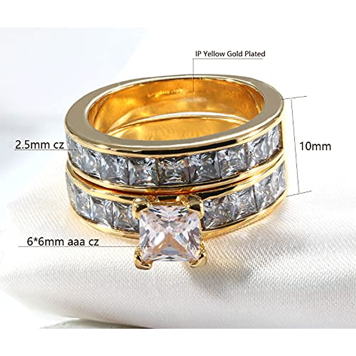 wedding ring set Two Rings His Hers Couples Rings Women's 10k Yellow Gold Filled White CZ Wedding Engagement Ring Bridal Sets & Men's Stainless Steel Wedding Band
