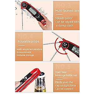 FLYSZQ Digital Instant Read Meat Thermometer,Foldable Probe with Backlight,Waterproof and Calibration,Thermometer for Food Cooking,Grilling,Baking (Red)
