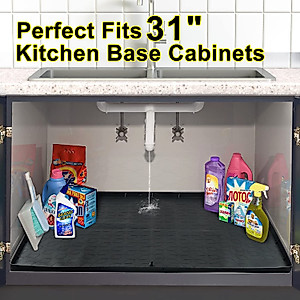 Under Sink Mat, BUDO 31"x 22" Under Sink Pad for Kitchen Waterproof, Silicone Under Sink Liner Drip Tray with Unique Drain Hole, Cabinet Protector Mats for Kitchen & Bathroom (Black)