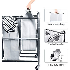 ROMOON 4 Bag Laundry Sorter Cart, Laundry Hamper Sorter with Heavy Duty Rolling Wheels for Clothes Storage, Grey