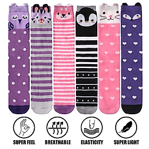 POEATEZO 3-12 Years Girls Knee High Socks Kids Funny Animal Pattern Warm Cotton Long Tall Boot Socks 6 Pairs (Cute Animals-B)