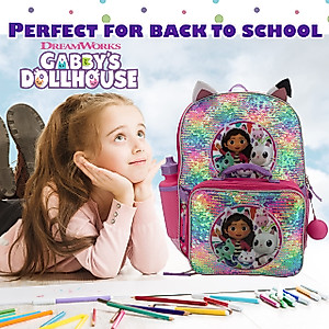 AI ACCESSORY INNOVATIONS Gabby’s Doll House 4 Piece Backpack Set, Flip Sequin 16" School Bag for Girls with Front Zip Pocket, Pink