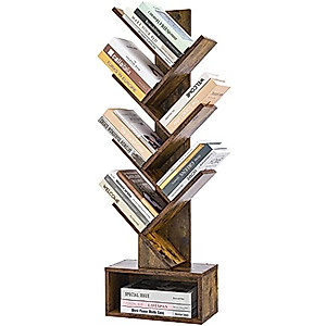 Hoctieon 6 Tier Tree Bookshelf, 6 Shelf Bookcase with Drawer, Modern Book Storage, Free Standing Tree Bookcase, Utility Organizer Shelves for Home Office, Living Room, Bedroom, Rustic Brown