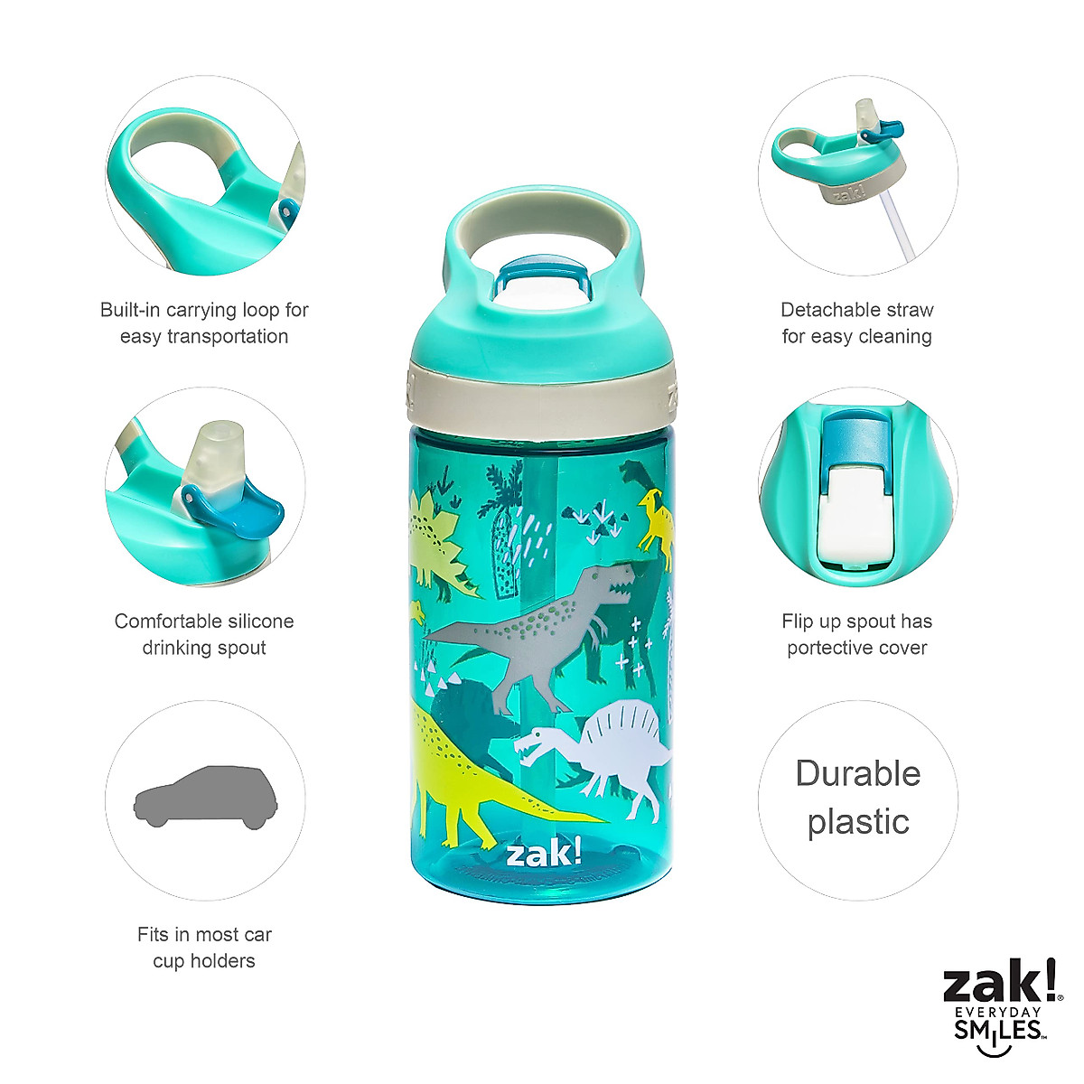 zak! Dinosaur - 5-Piece Dinnerware Set - Durable Plastic & Stainless Steel - Includes Water Bottle, 8-Inch Plate, 6-Inch Bowl, Fork & Spoon - Suitable for Kids Ages 3+