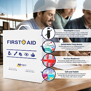 MFASCO 2021 ANSI/OSHA Compliant First Aid Kit - Large, Commercial 3-Shelf Metal Cabinet for Businesses, Wall Mountable - with Medications - ANSI Standard 2021 First Aid Kits, Class B Fill