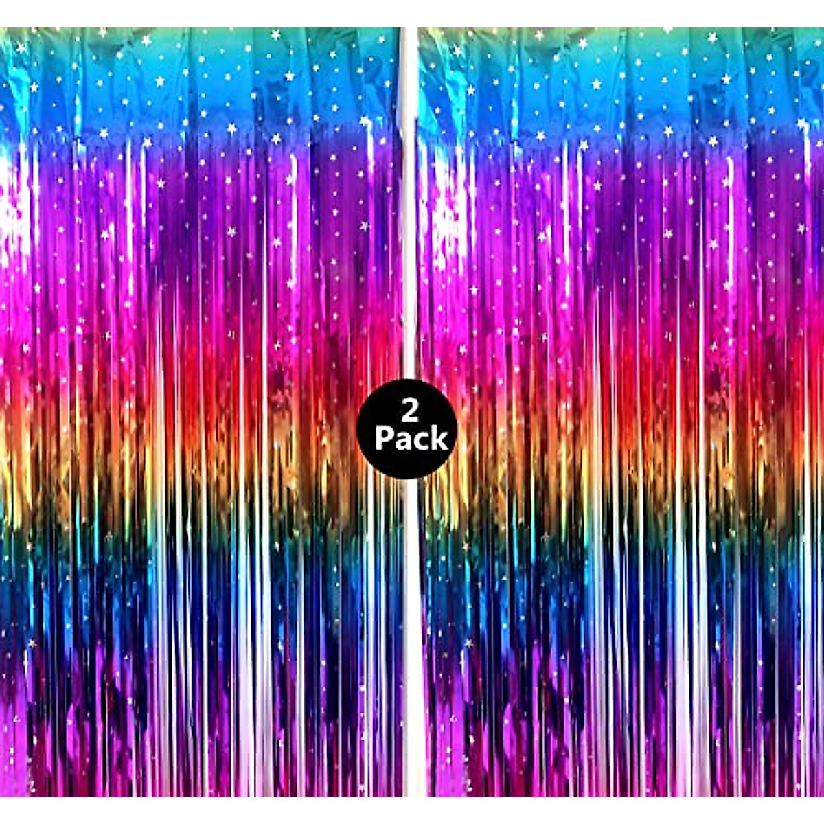 2 Pack Backdrop Curtain 3.3FT x 8.1FT Metallic Tinsel Foil Fringe Curtains Photo Booth Background for Birthday Party Baby Shower Wedding Engagement Bridal Decorations Sparkly Rainbow