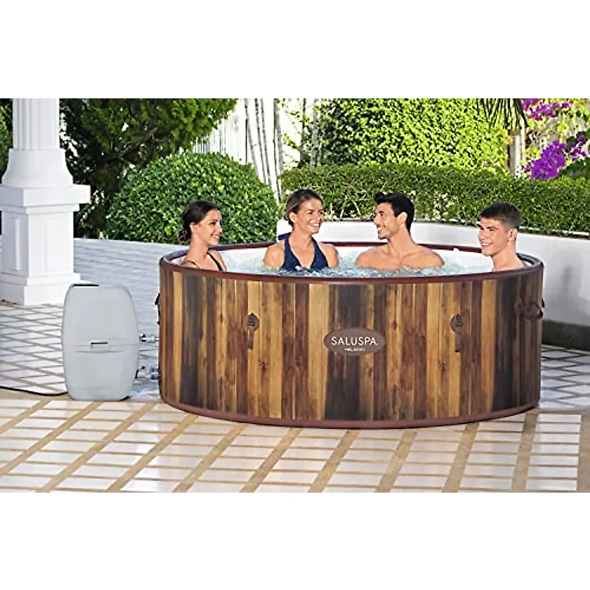 Bestway Helsinki SaluSpa 7 Person Inflatable Outdoor Hot Tub Spa with 180 Soothing AirJets, Filter Cartridges, Pump, and Insulated Cover, Brown Wood