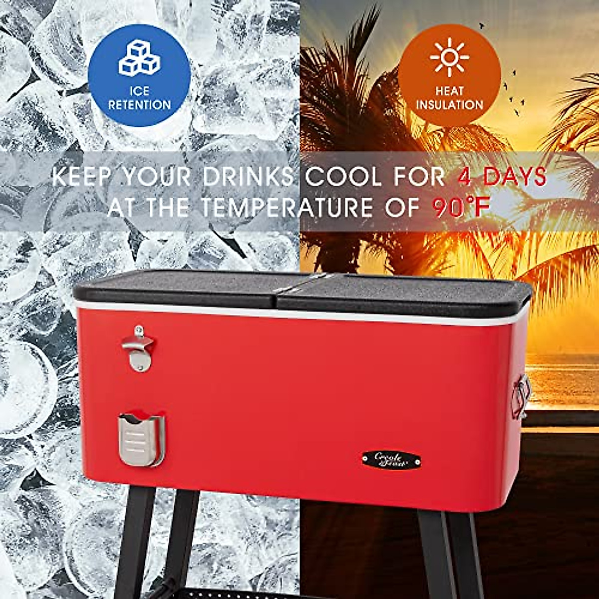 Creole Feast CL8001R 80-Quart Premium Rolling Cooler, Portable Cold Drink Beverage Cooler Cart for Outdoor Patio, Tailgating, Poolside BBQ Party, Red